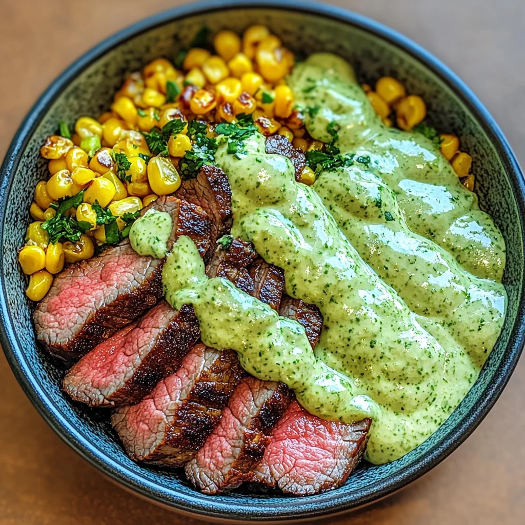 Steak Avocado Roasted Corn Bowl with Cilantro Cream Sauce delights!